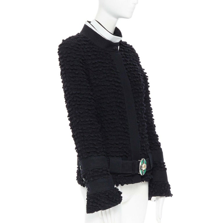 runway CHANEL 09A black boucle tweed wrap collar jade leather belt ...