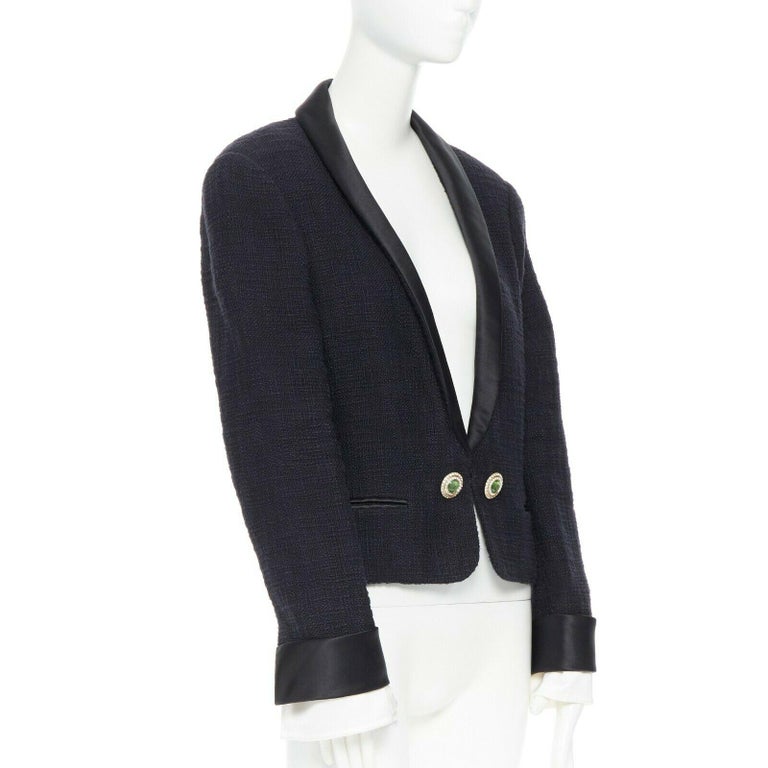 runway CHANEL 12A Paris-Bombay tweed satin tuxedo with green jewel ...