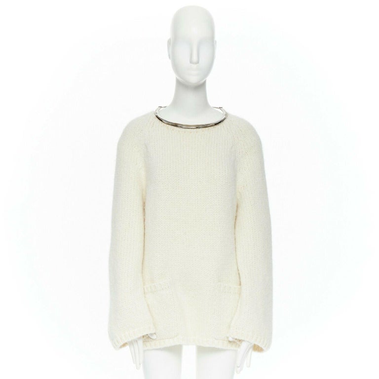 runway CHANEL 18A white alpaca knit dual patch pocket oversized sweater ...