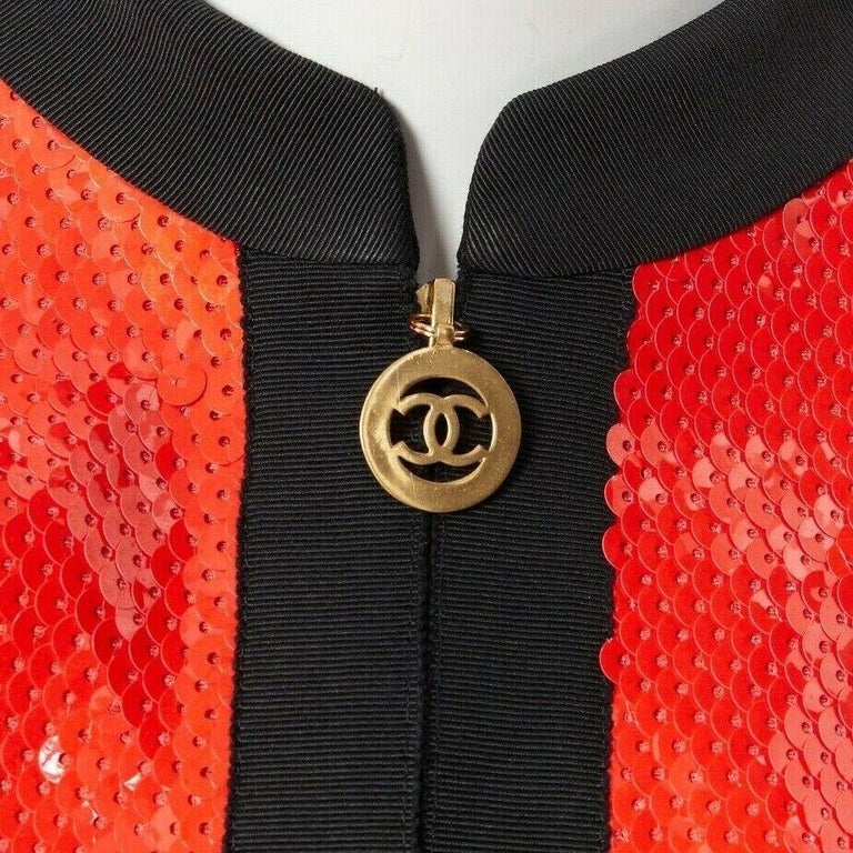 runway CHANEL 91P vintage red sequin black trim scuba suit zip CC ...