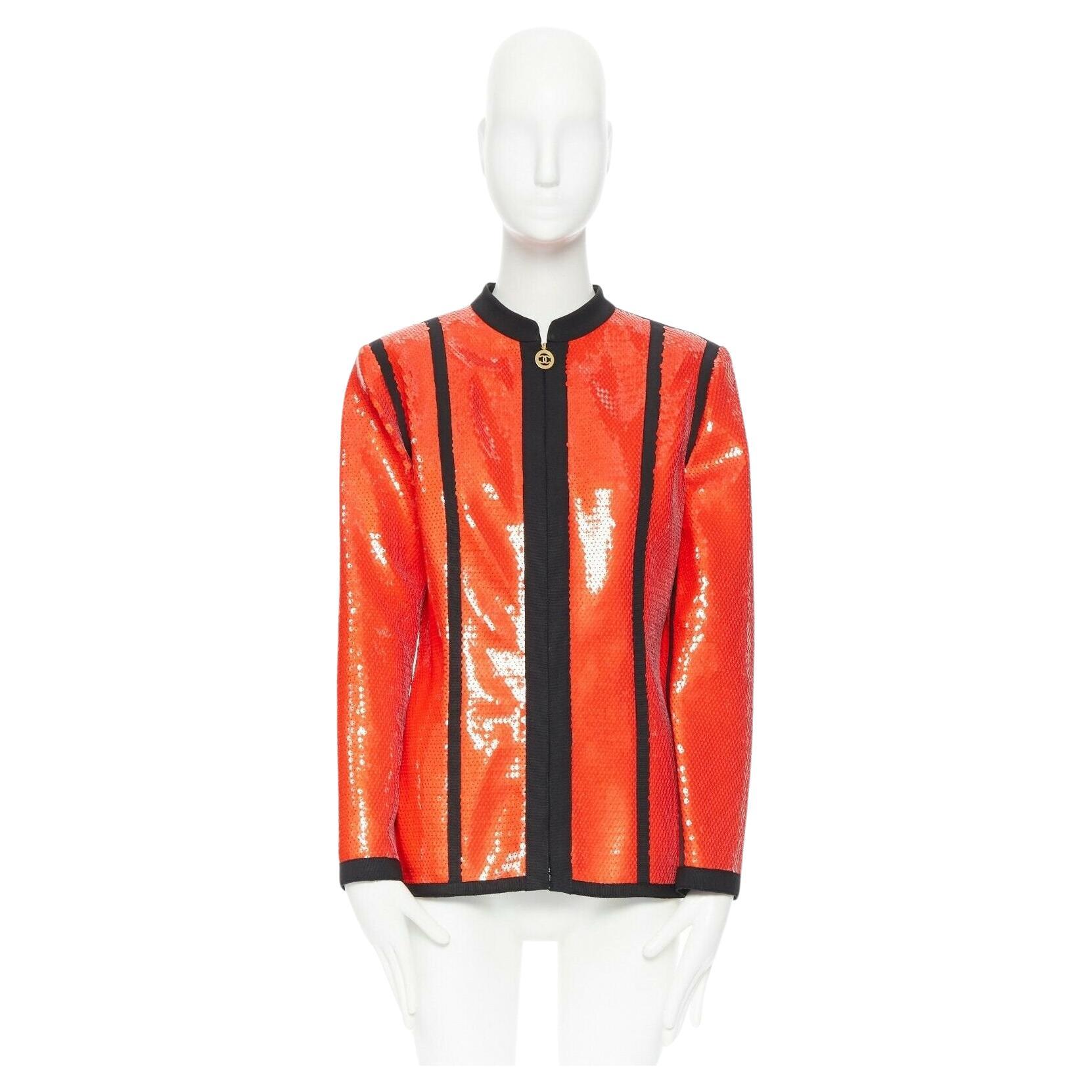runway CHANEL 91P vintage red sequin black trim scuba suit zip CC ...