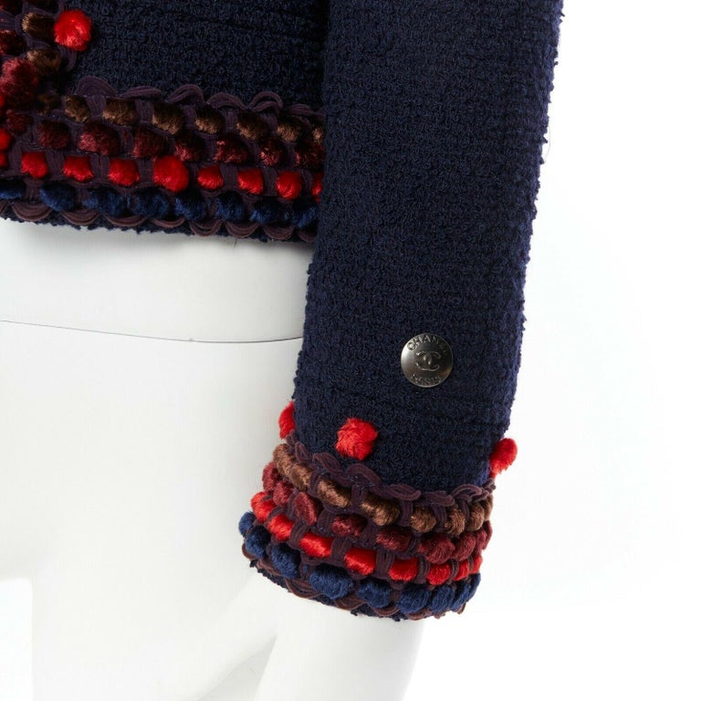 runway CHANEL 97A blue wool tweed multicolor pom-pom adorned crop ...