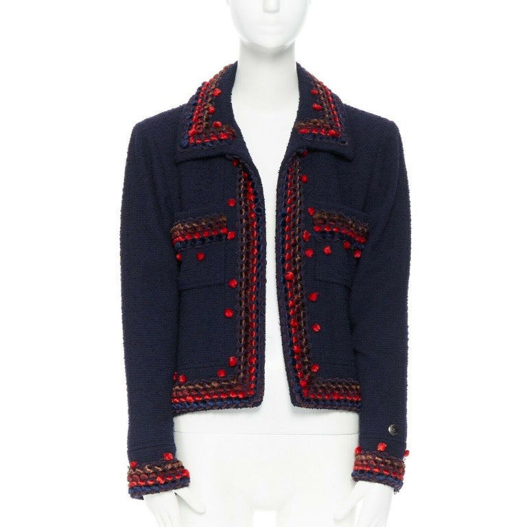runway CHANEL 97A blue wool tweed multicolor pom-pom adorned crop ...