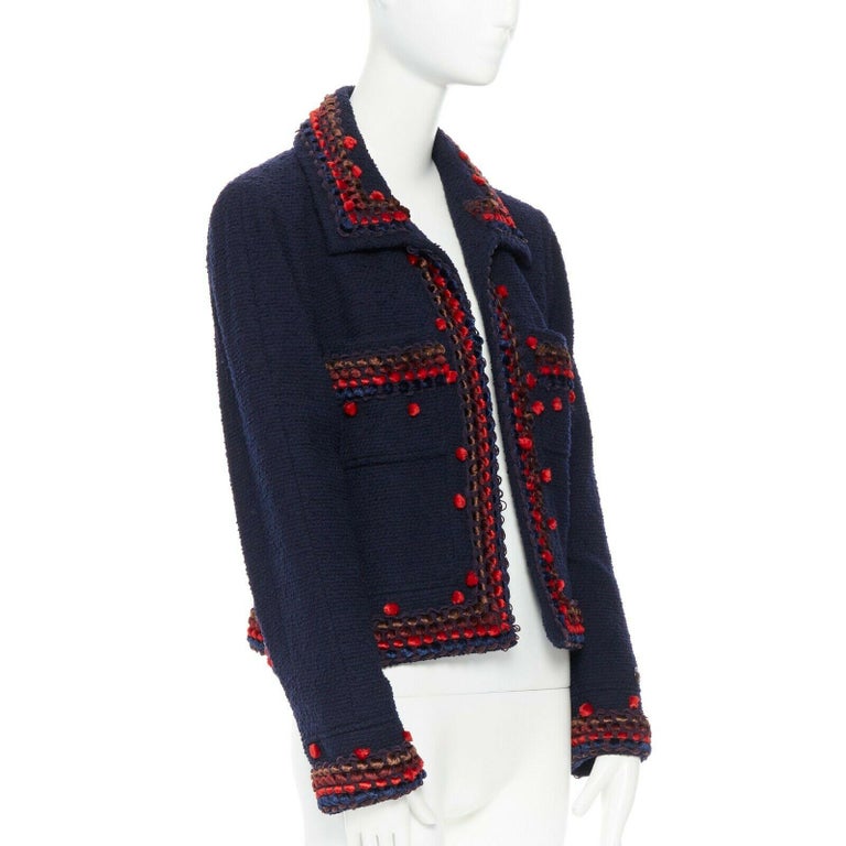 runway CHANEL 97A blue wool tweed multicolor pom-pom adorned crop ...