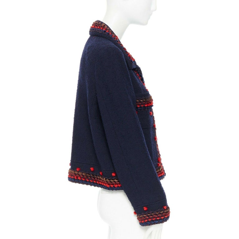runway CHANEL 97A blue wool tweed multicolor pom-pom adorned crop ...