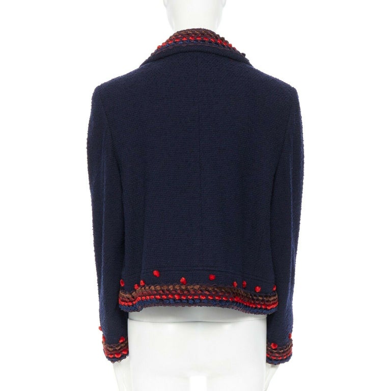 runway CHANEL 97A blue wool tweed multicolor pom-pom adorned crop ...