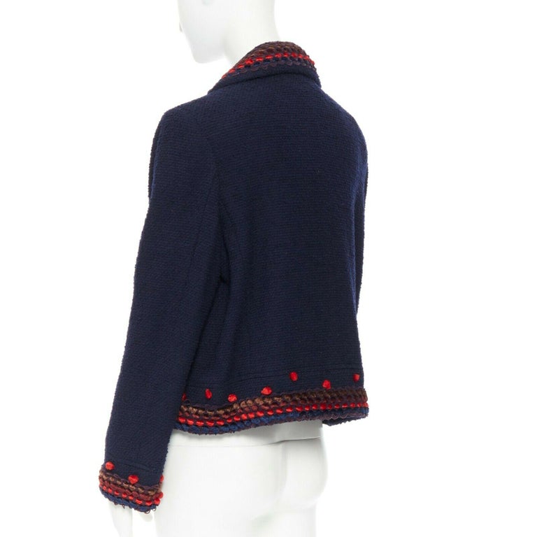 runway CHANEL 97A blue wool tweed multicolor pom-pom adorned crop ...