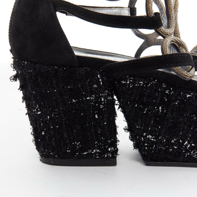runway CHANEL black tweed platform gold metal strappy flatform sandals ...