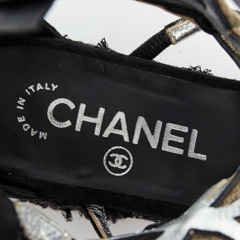 runway CHANEL black tweed platform gold metal strappy flatform sandals ...