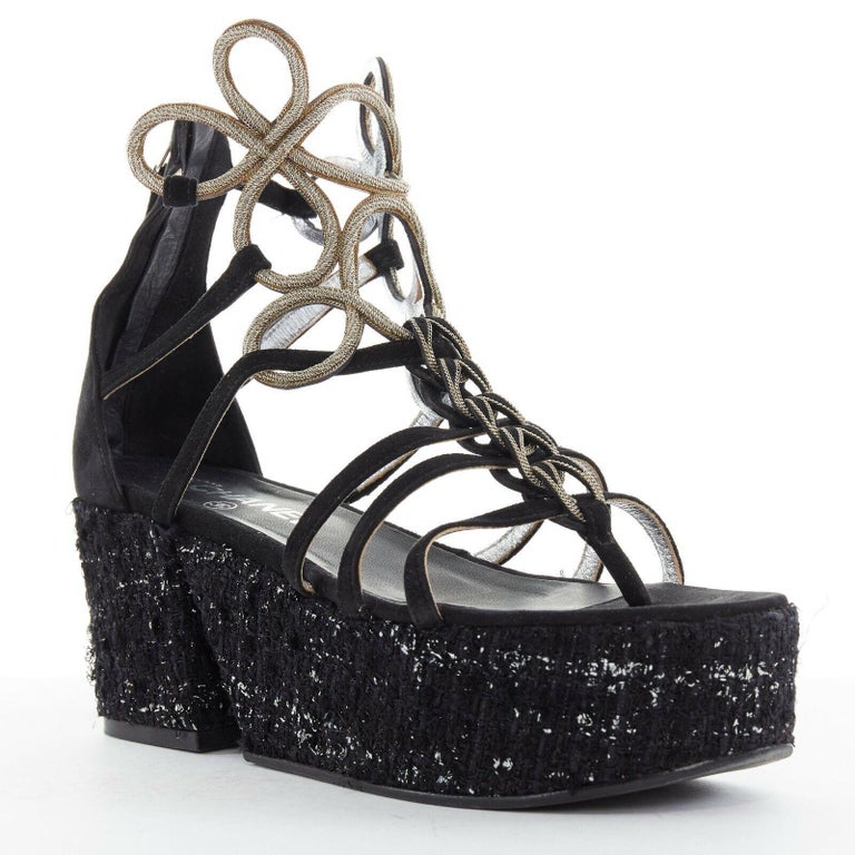 runway CHANEL black tweed platform gold metal strappy flatform sandals ...