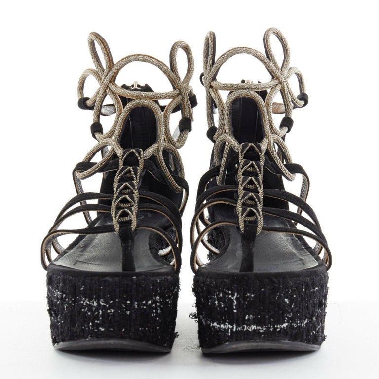 runway CHANEL black tweed platform gold metal strappy flatform sandals ...