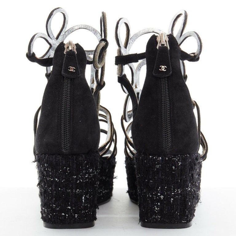 runway CHANEL black tweed platform gold metal strappy flatform sandals ...