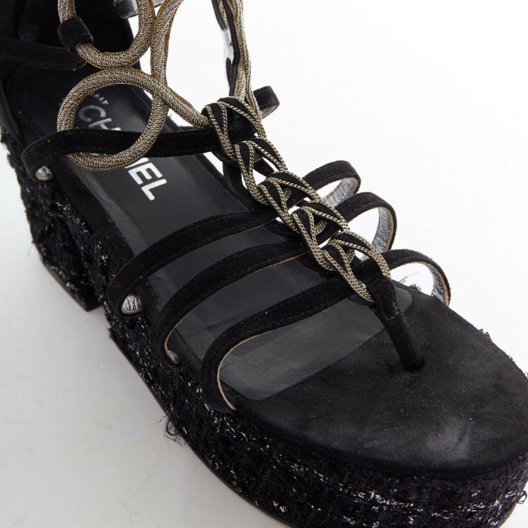 runway CHANEL black tweed platform gold metal strappy flatform sandals ...