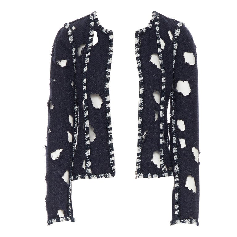 runway CHANEL SS11 navy blue tweed distressed holey tweed punk crop ...