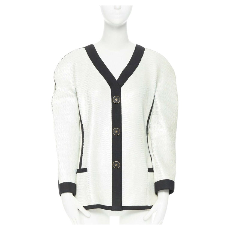 runway CHANEL SS91 white sequin black grosgrain trim scuba zipper ...