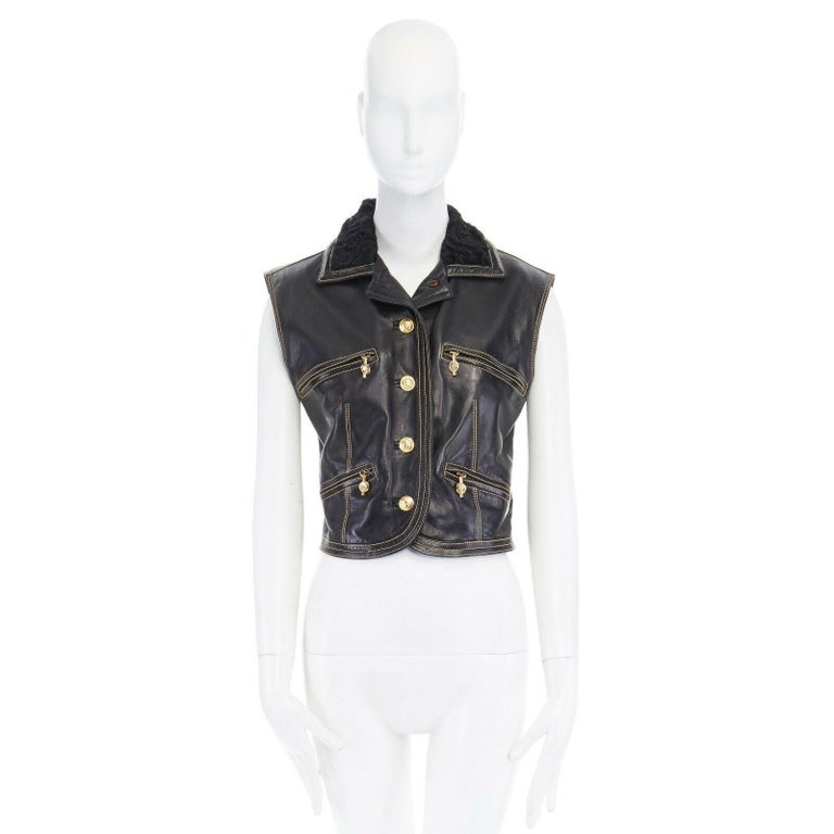 runway GIANNI VERSACE AW92 Miss SM black fur collar leather Medusa vest ...