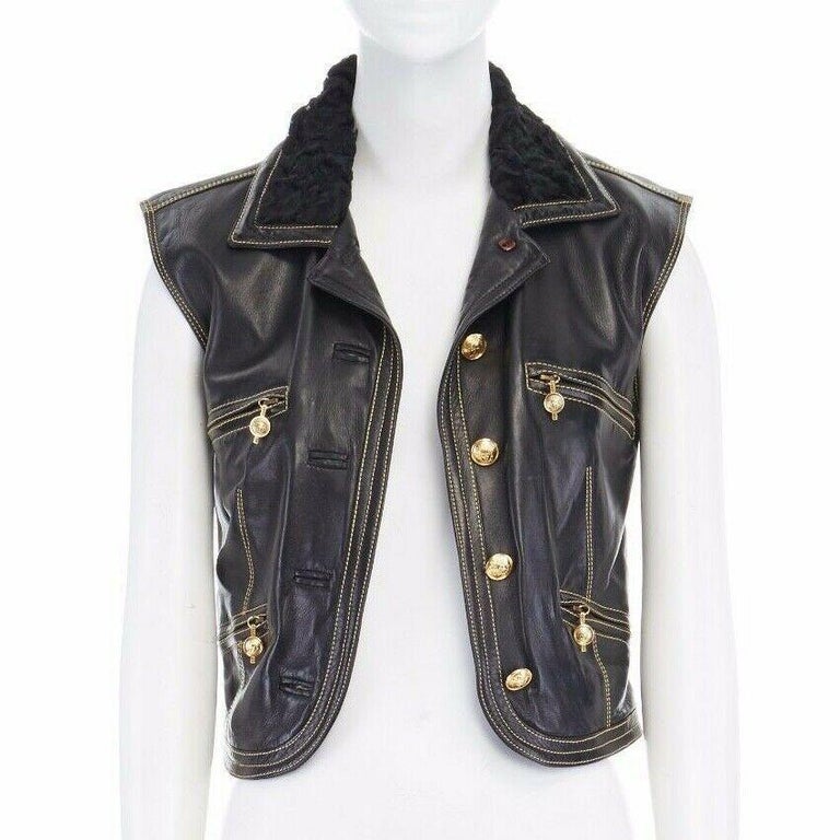 runway GIANNI VERSACE AW92 Miss SM black fur collar leather Medusa vest ...