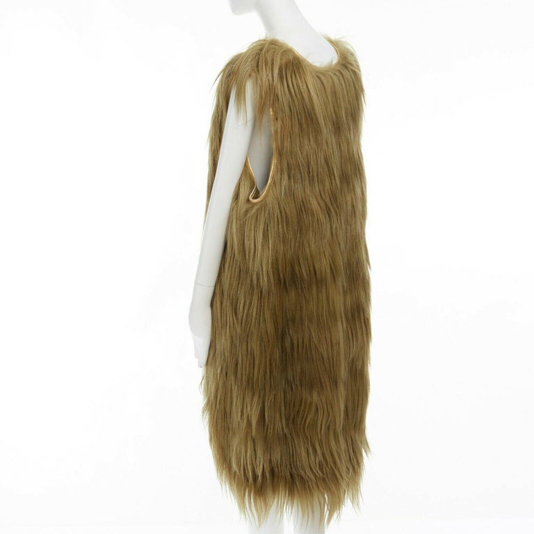 runway PRADA gold genuine long goat fur leather trimmed V-neck shift ...