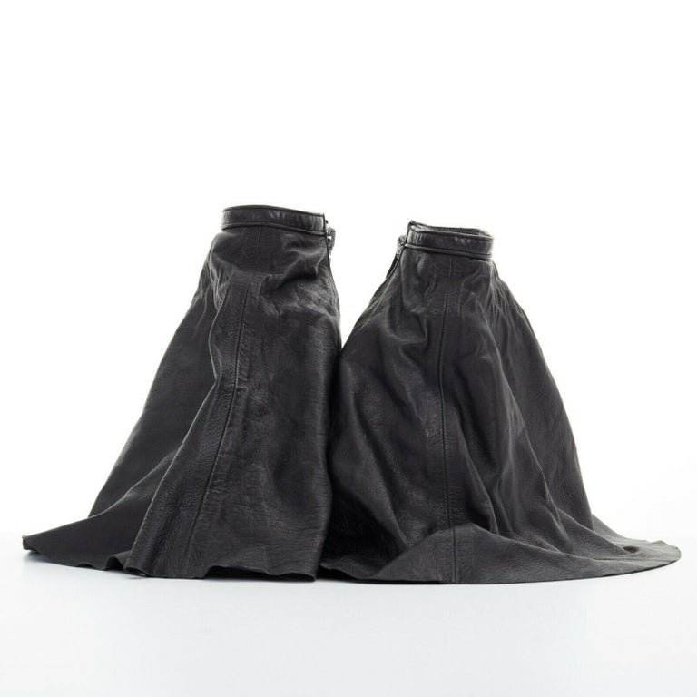 runway RICK OWENS black draped leather flared flap wedge heel sandals ...