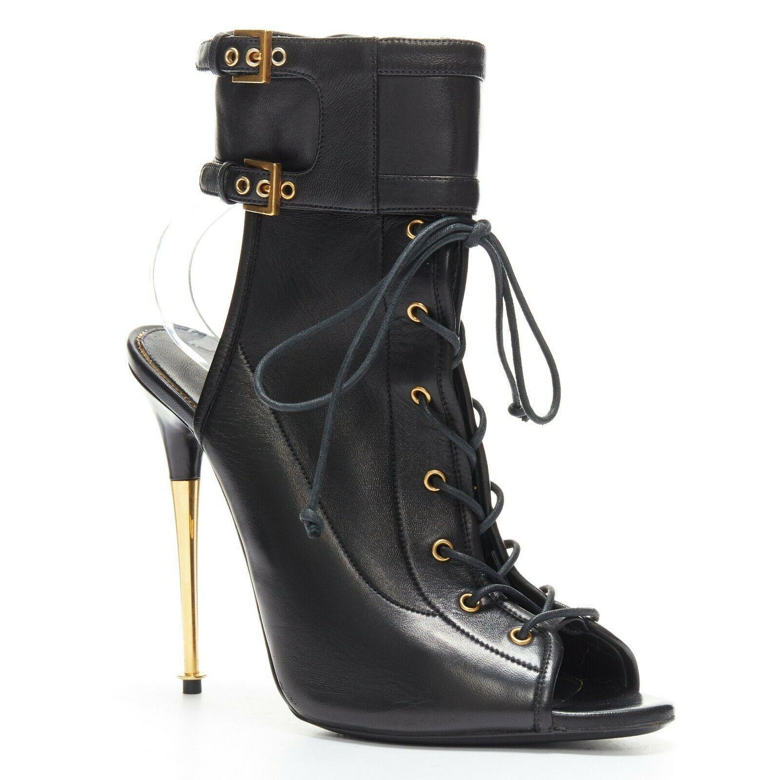 runway TOM FORD SS14 black gold metal stiletto heel lace-up open toe ...