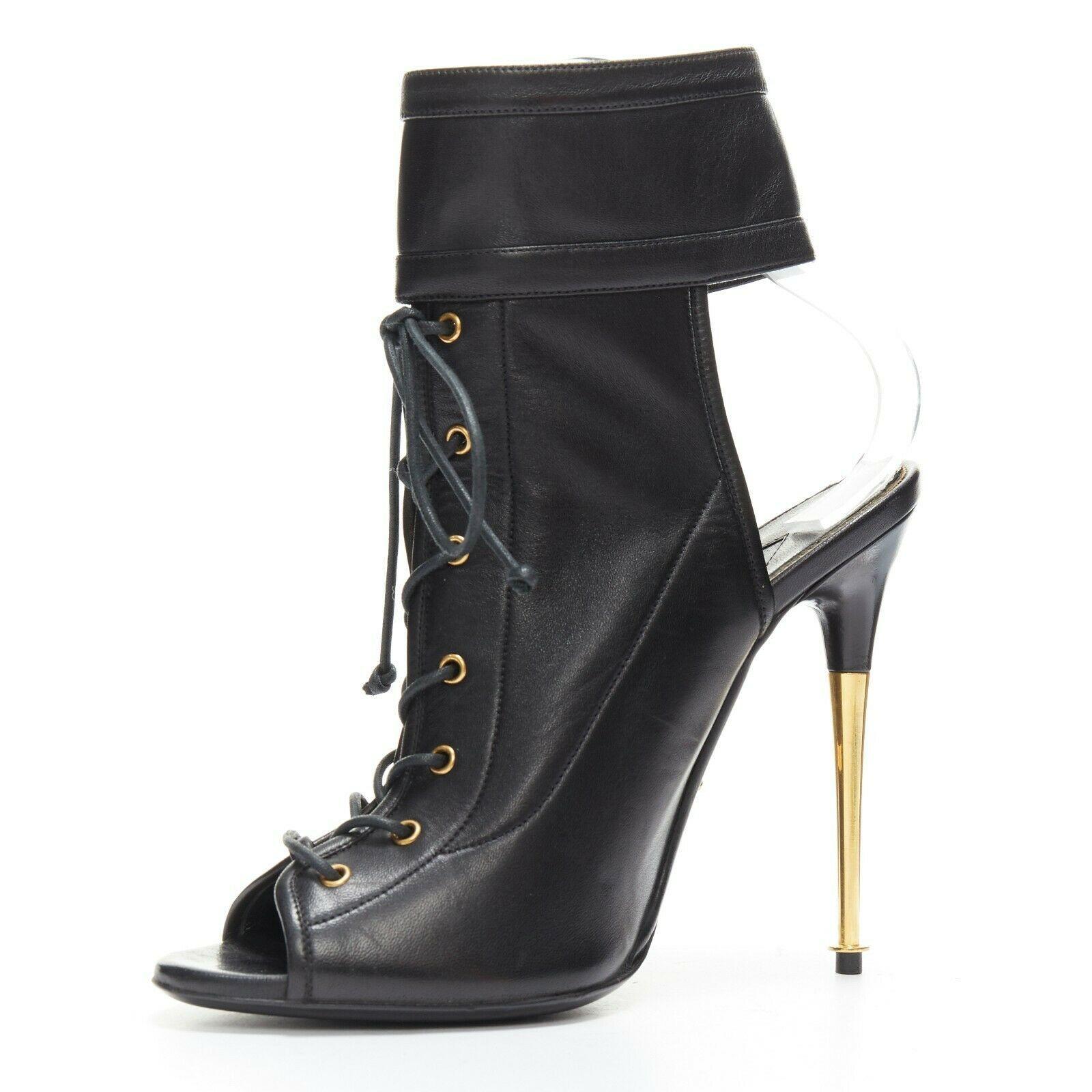 runway TOM FORD SS14 black gold metal stiletto heel lace-up open toe ...