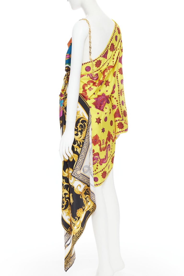 runway VERSACE 2020 mixed silk scarf deconstructed Greca chain dress ...