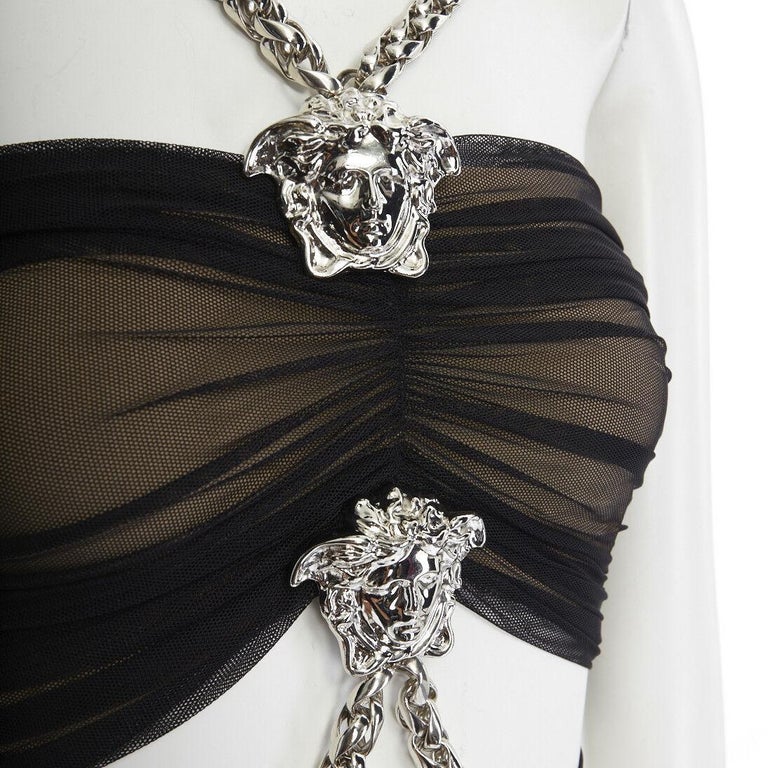 runway VERSACE SS14 black silk silver Medusa chain harness cut out gown ...
