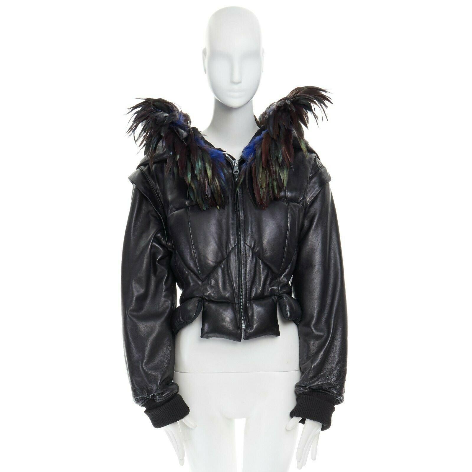 runway YOHJI YAMAMOTO 1991 black padded leather oversized feather hood down M For Sale at ...