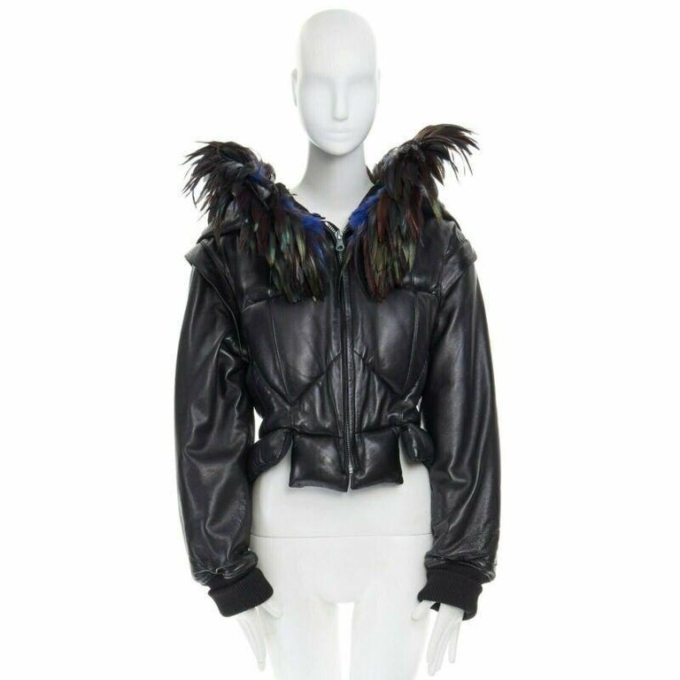 runway YOHJI YAMAMOTO 1991 black padded leather oversized feather hood ...
