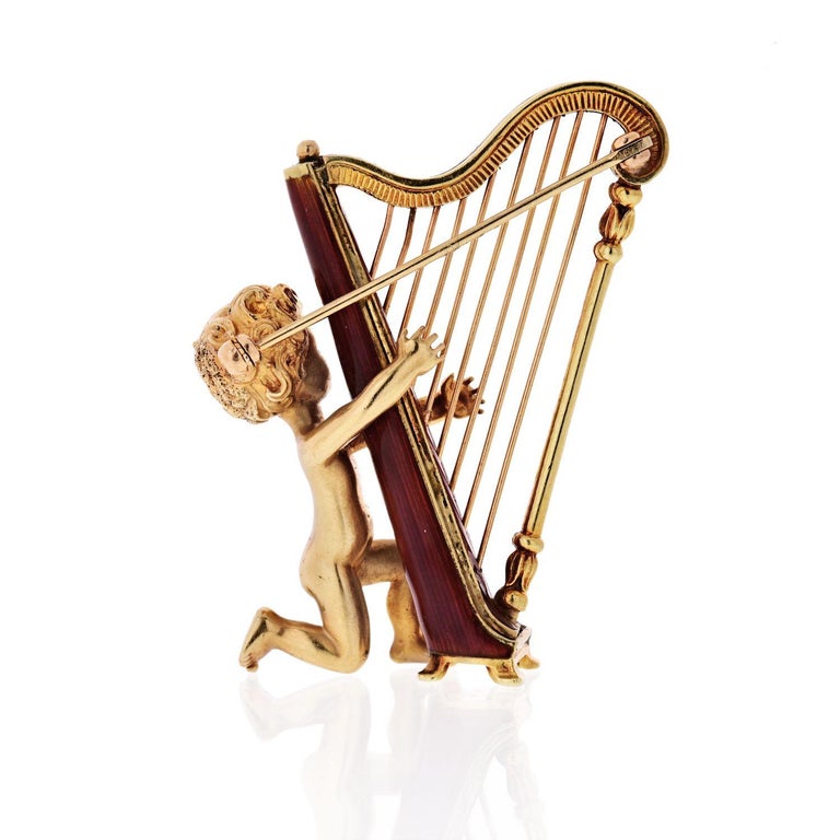 Ruser 14 Karat Yellow Gold Retro Diamond Cherub Harp Pin Brooch at 1stDibs