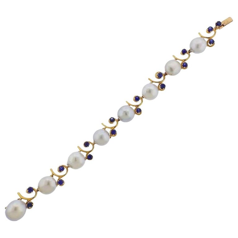 Ruser 1950s Gold Pearl Sapphire Bracelet at 1stDibs