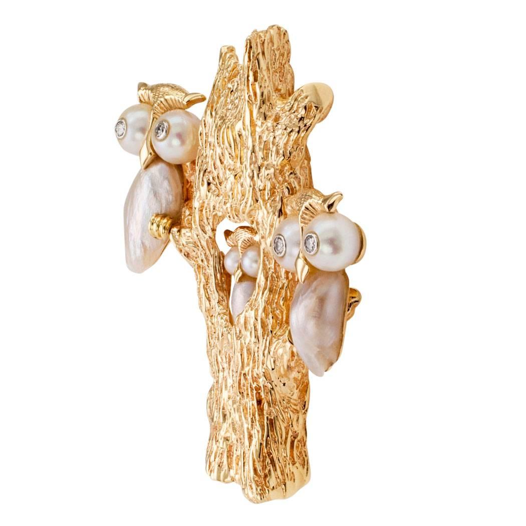 Ruser 1950s Owls Gold Platinum Pearl Diamond Brooch at 1stDibs