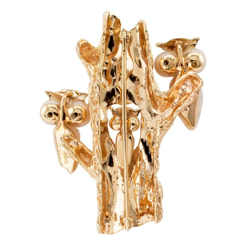 Ruser 1950s Owls Gold Platinum Pearl Diamond Brooch at 1stDibs
