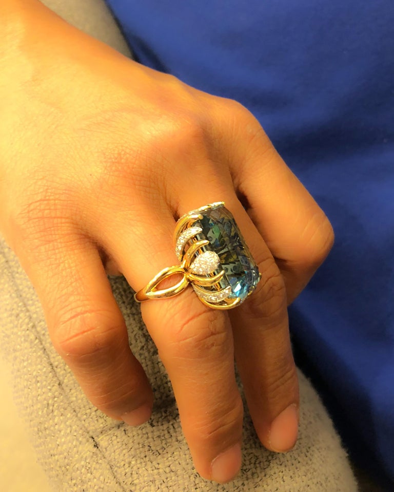 Ruser 1960's Aquamarine Diamond Gold and Platinum Ring at 1stDibs