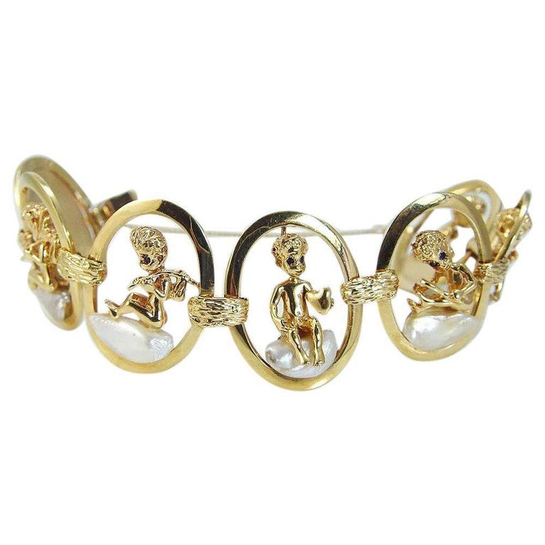Ruser Baroque Pearl Sapphire Bracelet Angel Cherubs For Sale at 1stDibs