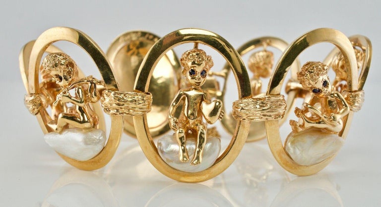 Ruser Baroque Pearl Sapphire Bracelet Angel Cherubs For Sale at 1stDibs