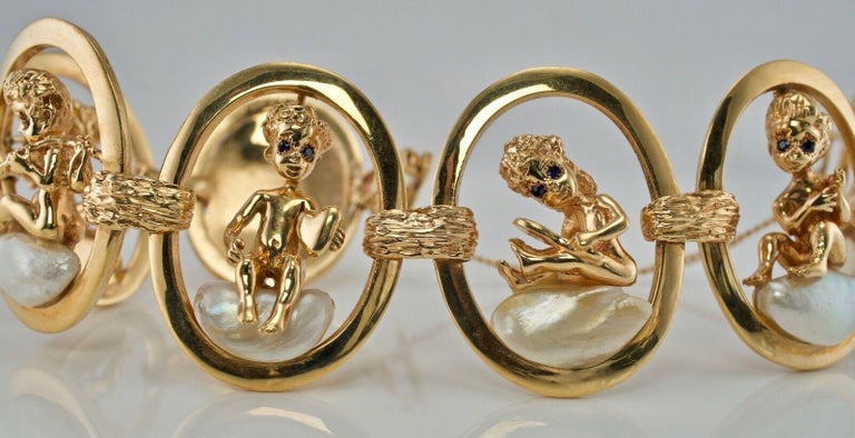 Ruser Baroque Pearl Sapphire Bracelet Angel Cherubs For Sale at 1stDibs
