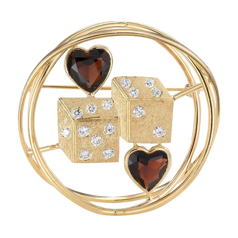 Ruser Garnet Diamond Yellow Gold Dice Brooch For Sale at 1stDibs