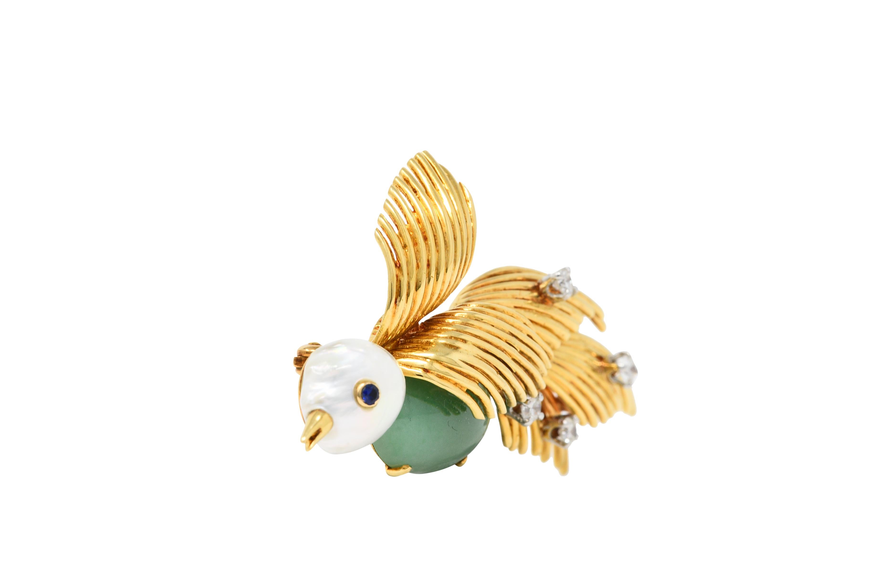 Ruser Jade Baroque Pearl Diamond Sapphire Platinum 18 Karat Gold Bird ...