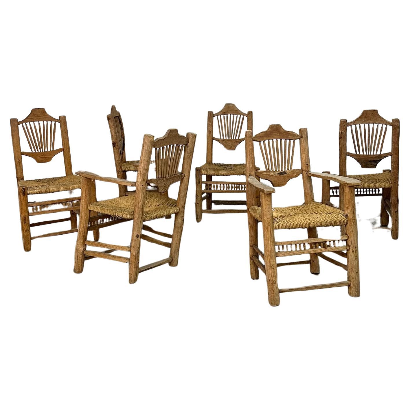 Rush woven rustic chairs- set of six For Sale at 1stDibs