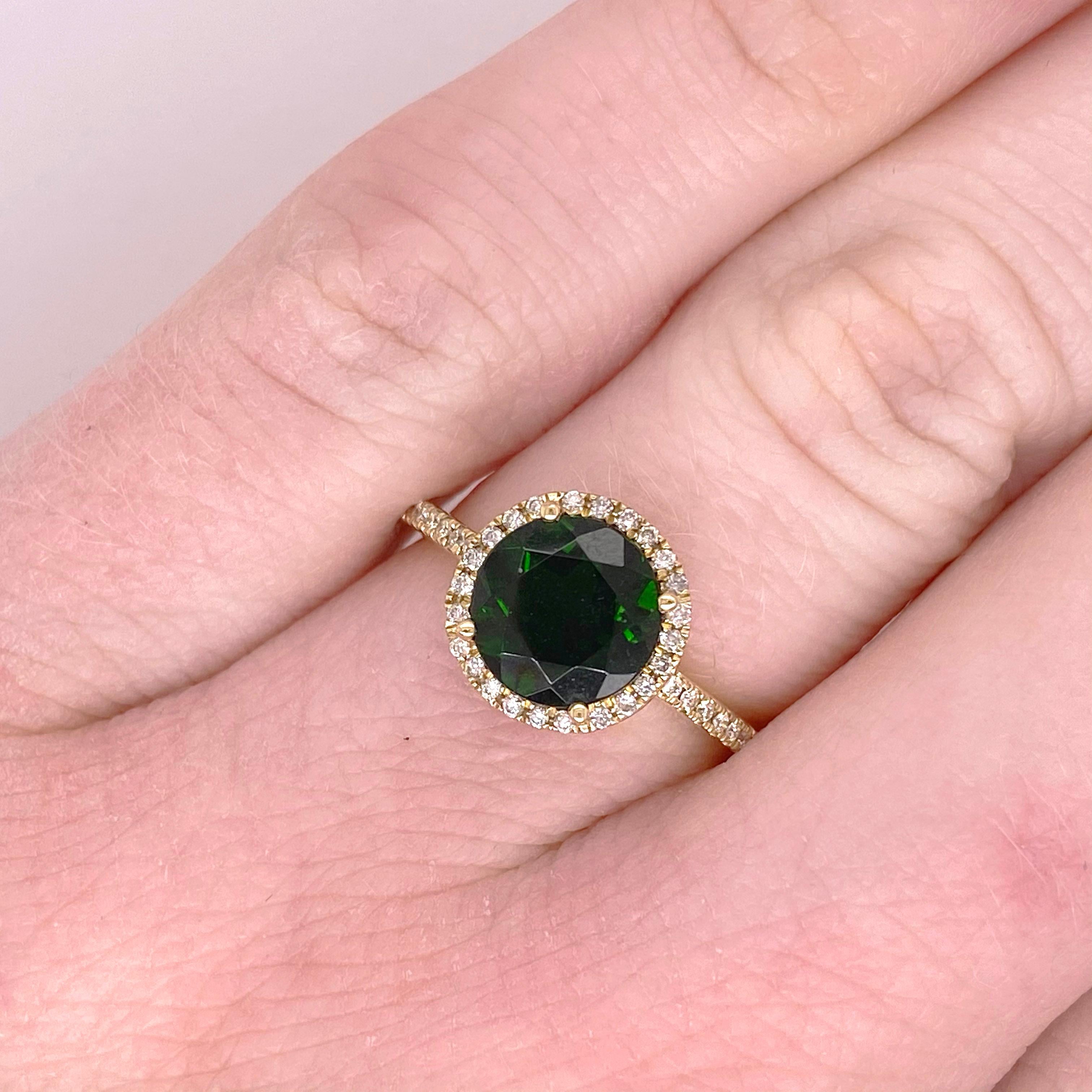 Russalite Diamond Ring, Yellow Gold, Diamond Halo Natural Round Emerald ...
