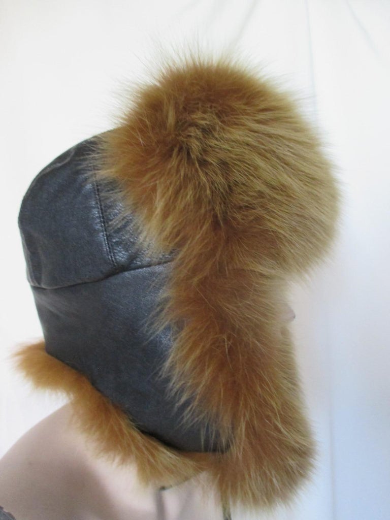 Black Leather Fox Fur Trapper Hat For Sale at 1stDibs