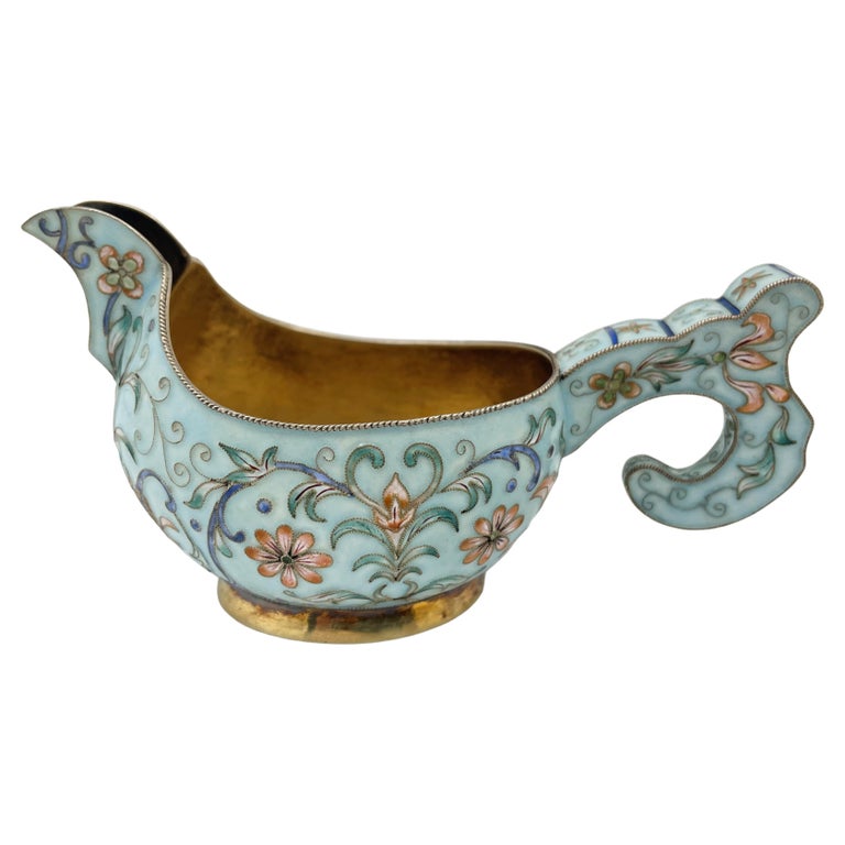 Russian Blue Cloisonne Enamel Silver Kovsh in Faberge Style For Sale at ...