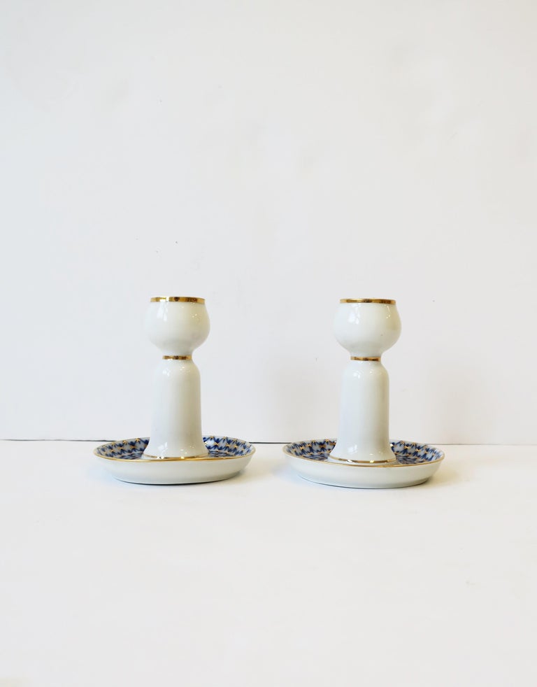 Russian Blue Gold White Porcelain Candlestick Holders by Lomonosov ...