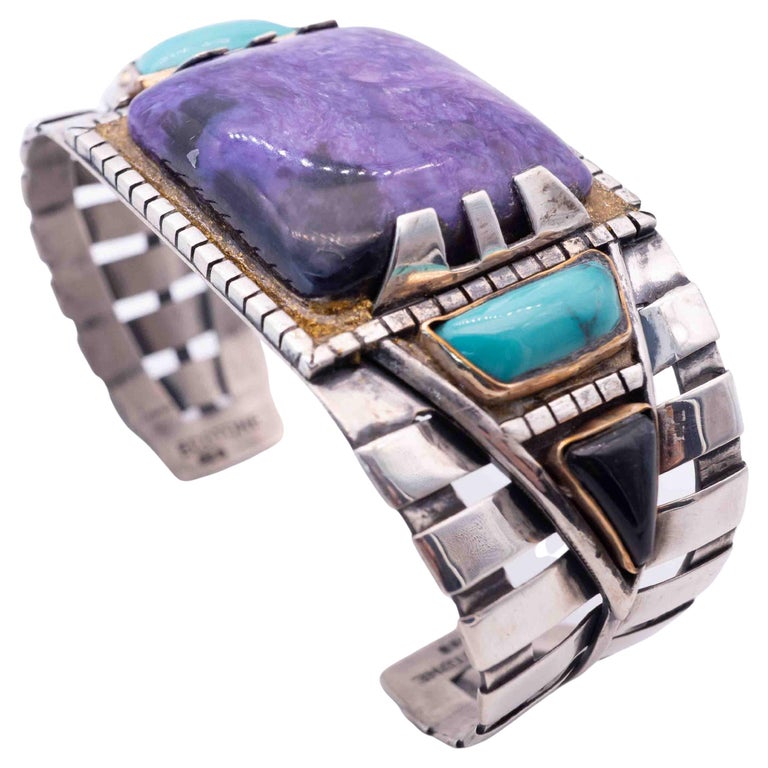 Russian Charoite, Turquoise and Black Jade Cuff in .925 Silver, and ...