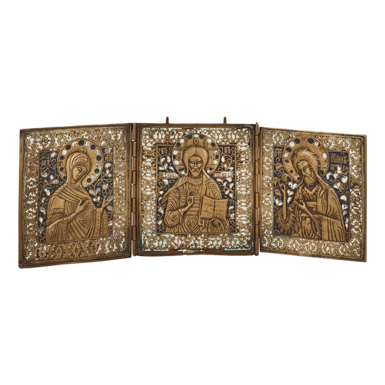 Russian Enamel and Bronze Three-Panel Folding Icon at 1stDibs