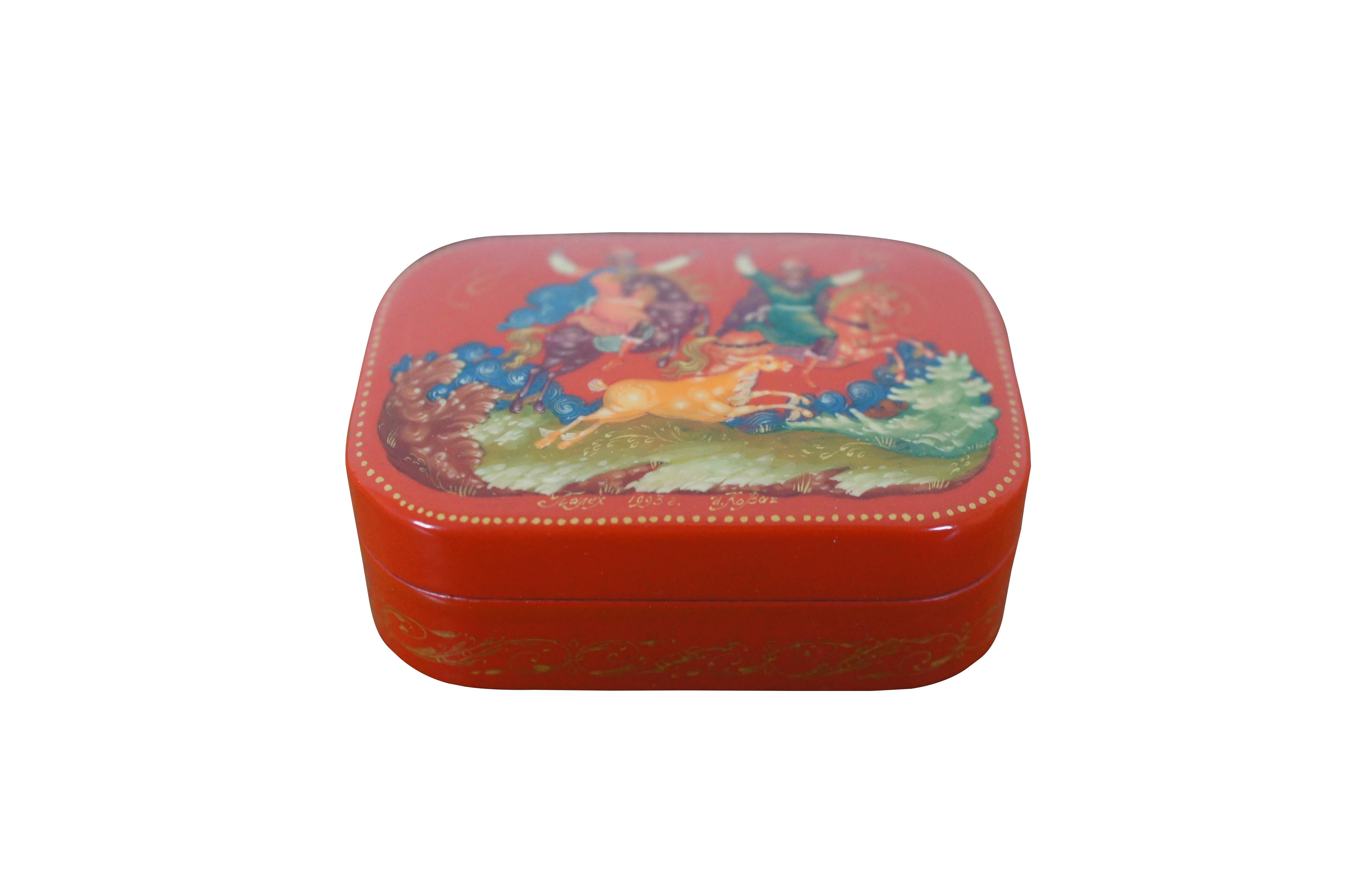 Russian Lacquered Palekh Hunt Theme Folk Art Keepsake Trinket Box USSR ...