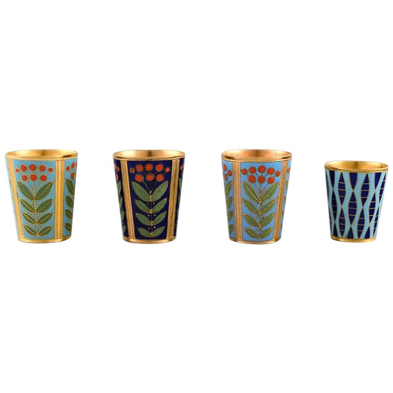 Russian Silversmith, Set of 4 Russian Vodka Cups in Gilded Silver at ...