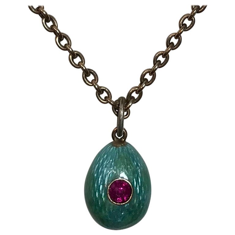 Russian Teal Blue Enamel Ruby Egg Pendant, circa 1900 For Sale at 1stDibs