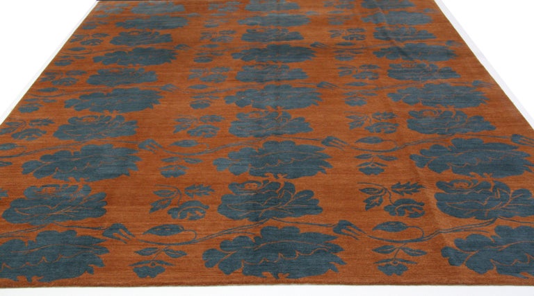 Rust and Blue Gray Floral Stencil Area Rug For Sale at 1stDibs